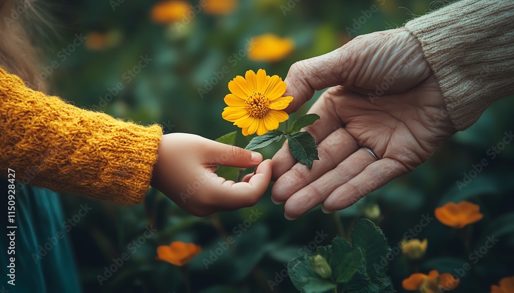 Grandmother s hands gently giving a flower to her granddaughter ...