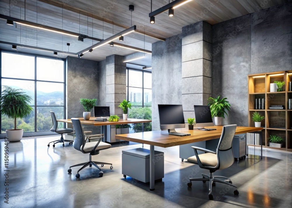 Modern Concrete Office Interior Design, Minimalist Workspace ...