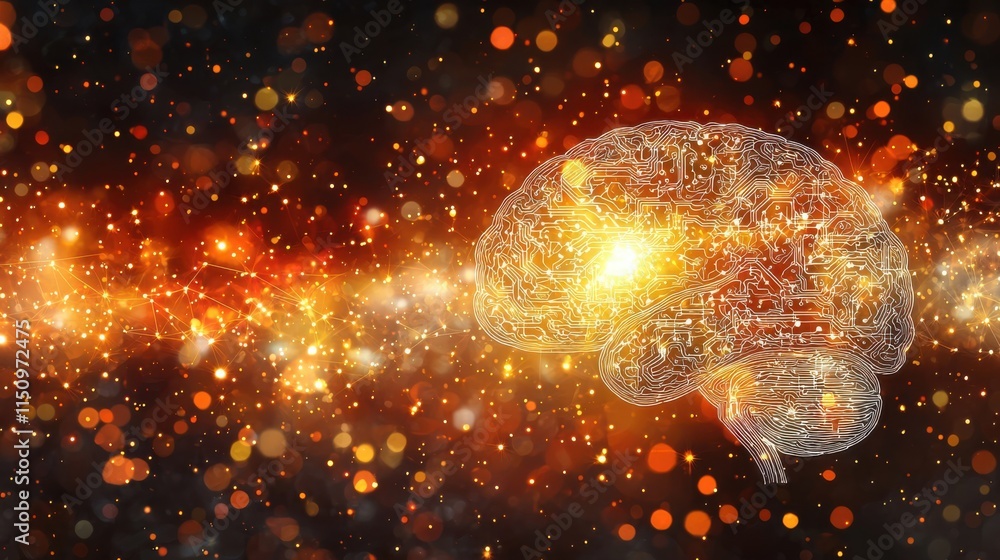 Abstract digital brain design with glowing neural connections and bright particles, symbolizing ...
