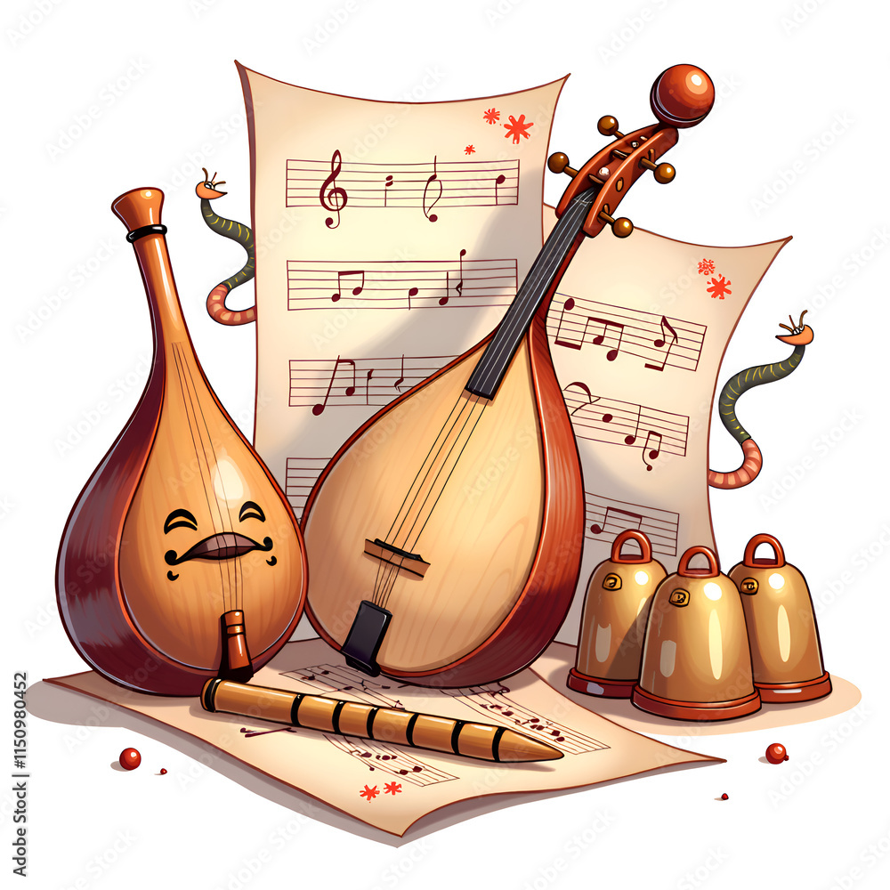 Charming musical instruments surrounded by notes and serpent patterns ...