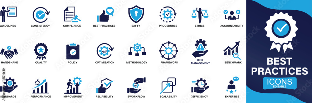Best practices icon set. workflow, guidelines, performance, standards ...