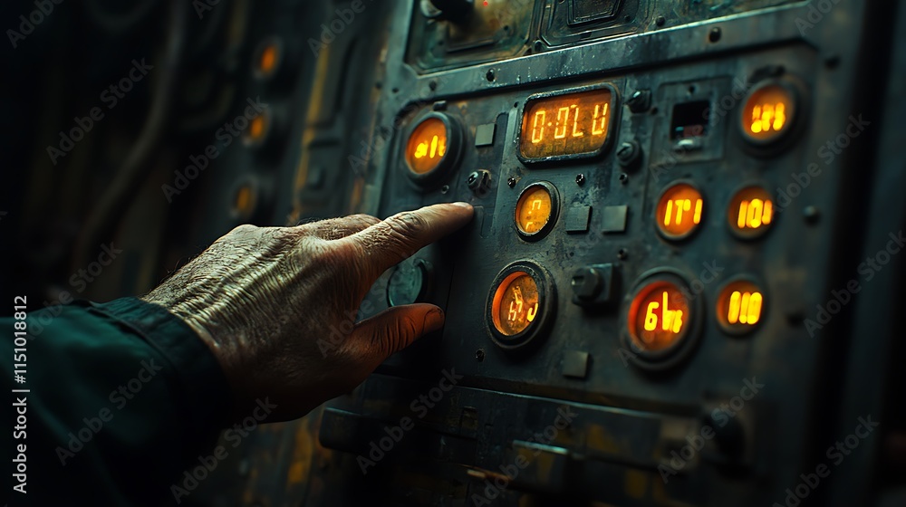 Close-up of a hand turning a dial on a minimalist control panel ...
