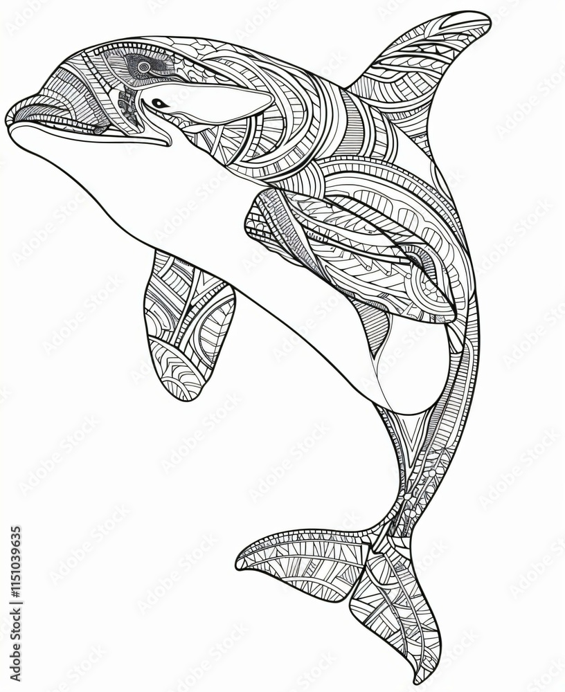 Detailed monochrome line drawing an orca depicted side intricate ...