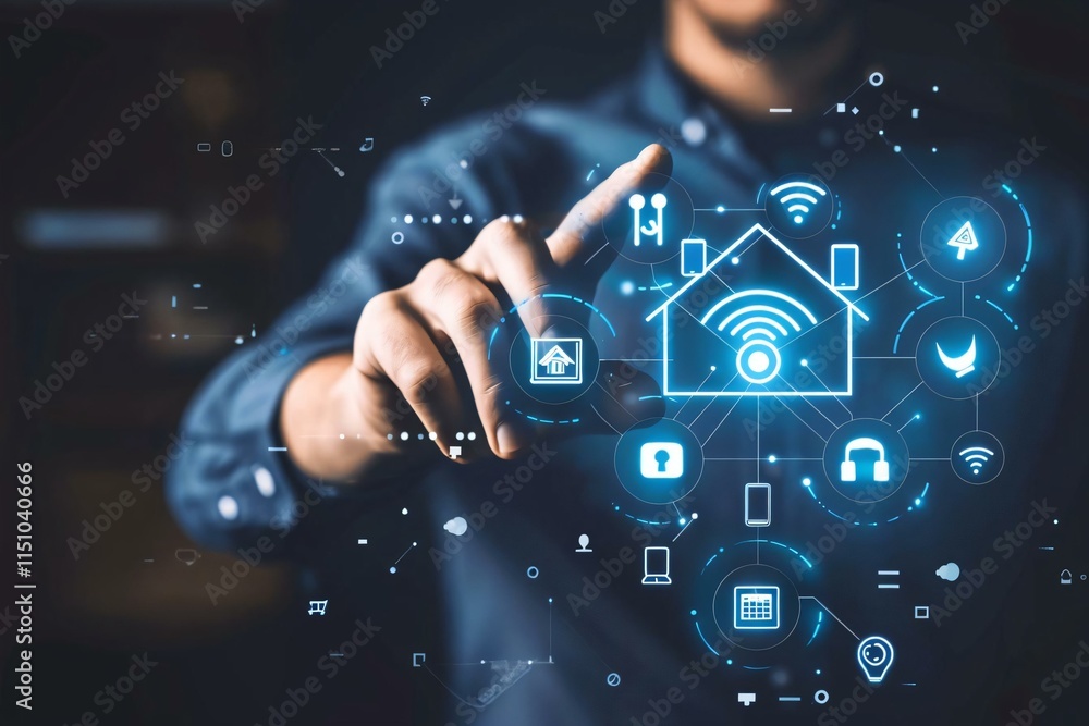Man points digital house surrounded tech icons highlighting smart home ...