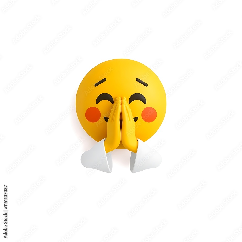 A yellow emoji with a smiling face, blushing cheeks, and hands pressed ...
