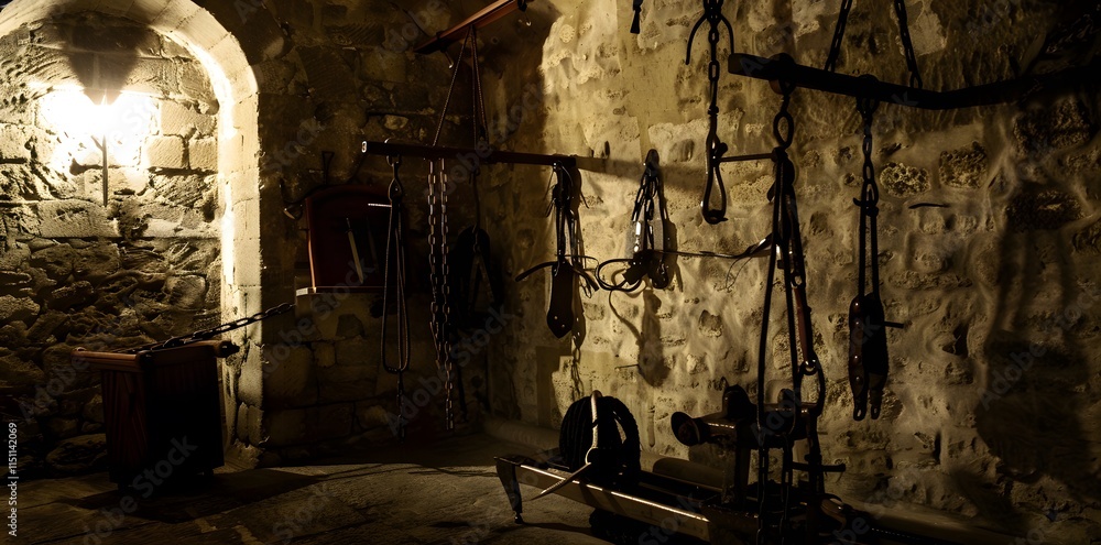 Grim medieval torture chamber with cold stone walls and eerie ...