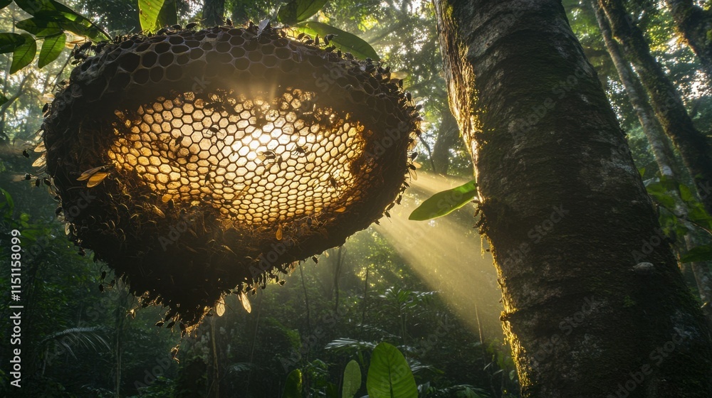 Hornet nest suspended delicately on a tree branch, intricate hexagonal ...