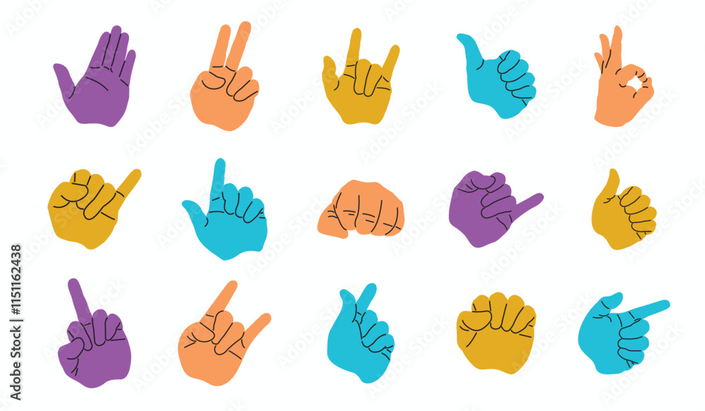 set of Hand drawn colorful hand gestures with different style in flat ...