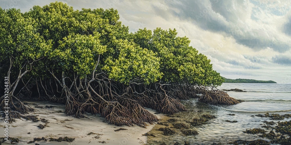Mangrove trees thriving along a coastal shore, showcasing the beauty of ...