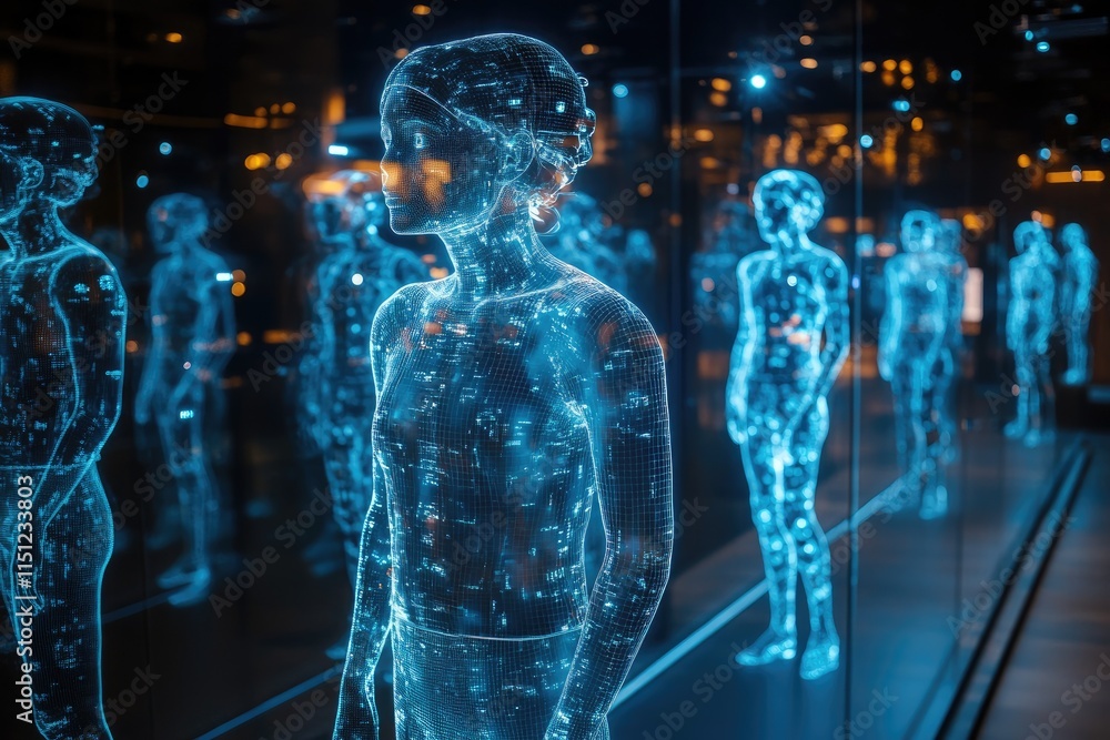 Holographic projections of human bodies showing futuristic technology ...