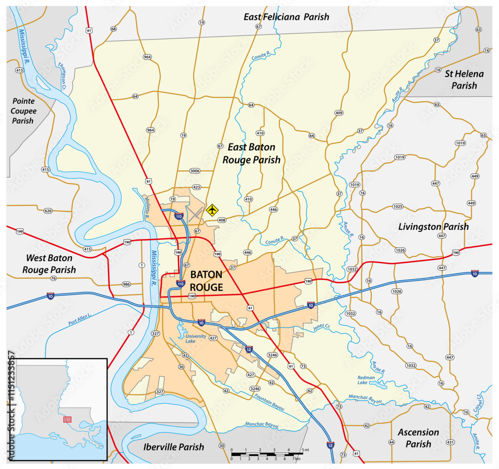 Map of Baton Rouge the capital of Louisiana, United States Stock Vector ...