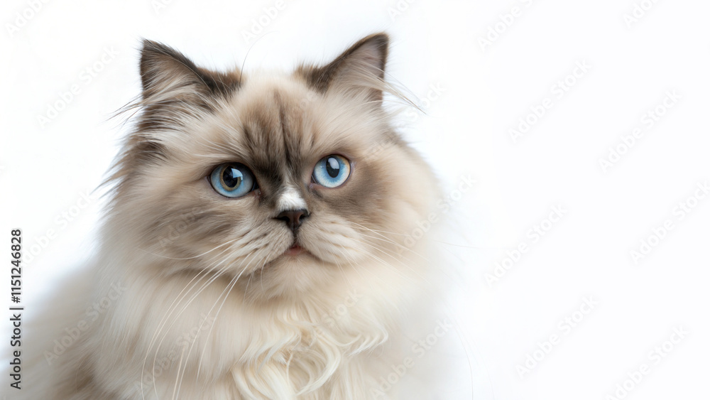portrait beautiful cute long hair Ragdoll cat white background copy ...