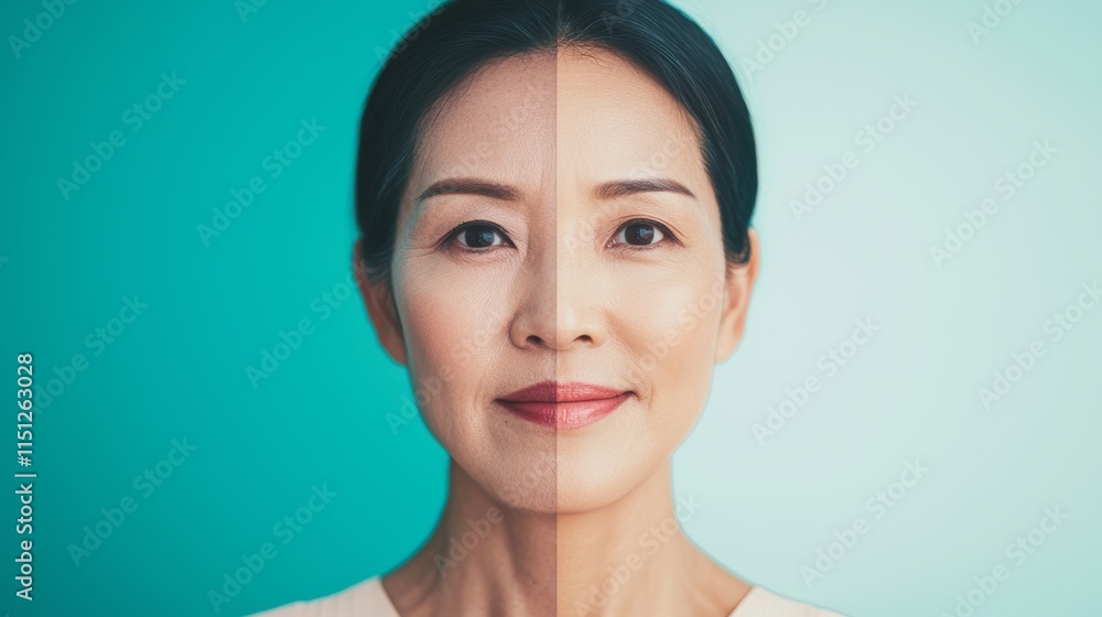 Woman's face is shown in two different shades of skin tone. Concept of ...