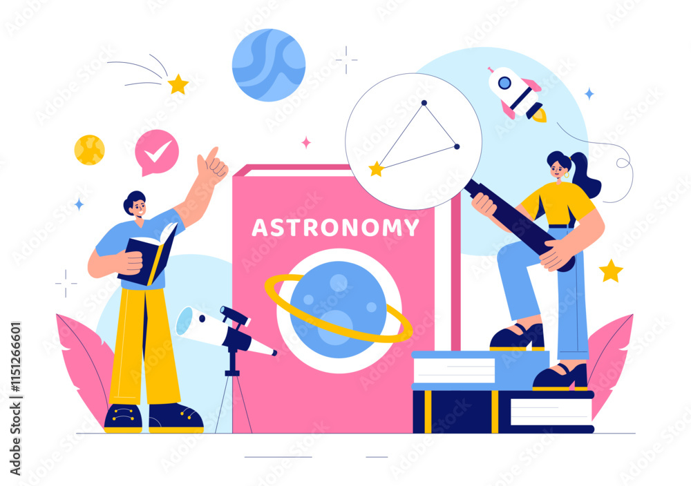 Vector de Stock Astronomy Vector Illustration featuring People Observing a Starry Night Sky with ...