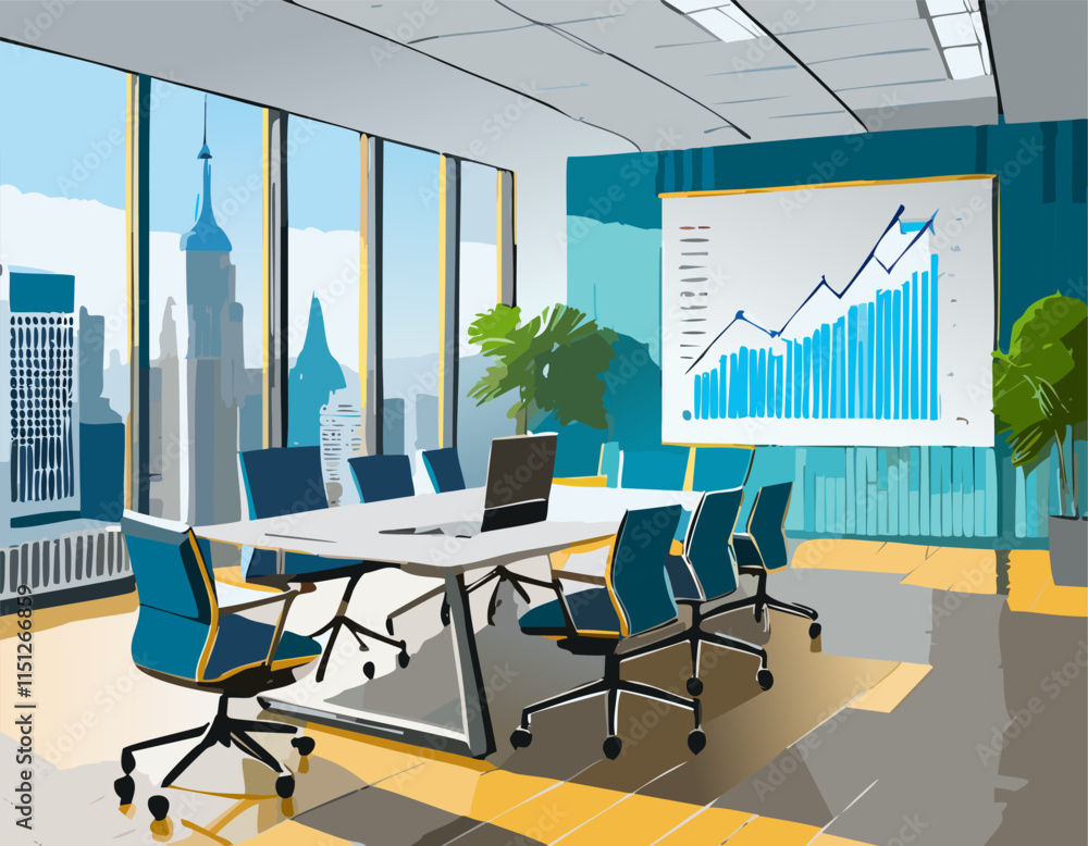 This artwork is a pixel art depiction of a conference room that ...