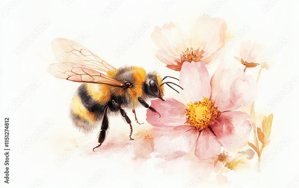 Whimsical bee buzzing around a flower, watercolor illustration with ...