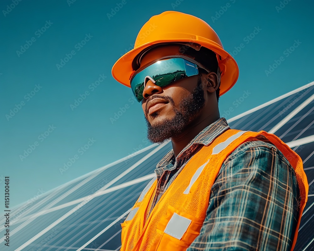Solar panel installation by African American worker with hard hat and ...