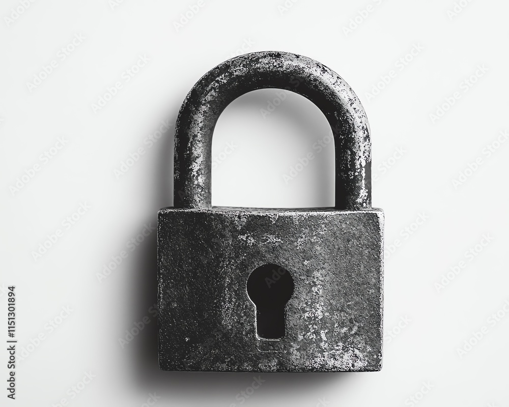 White background featuring a metal padlock with copy space ...