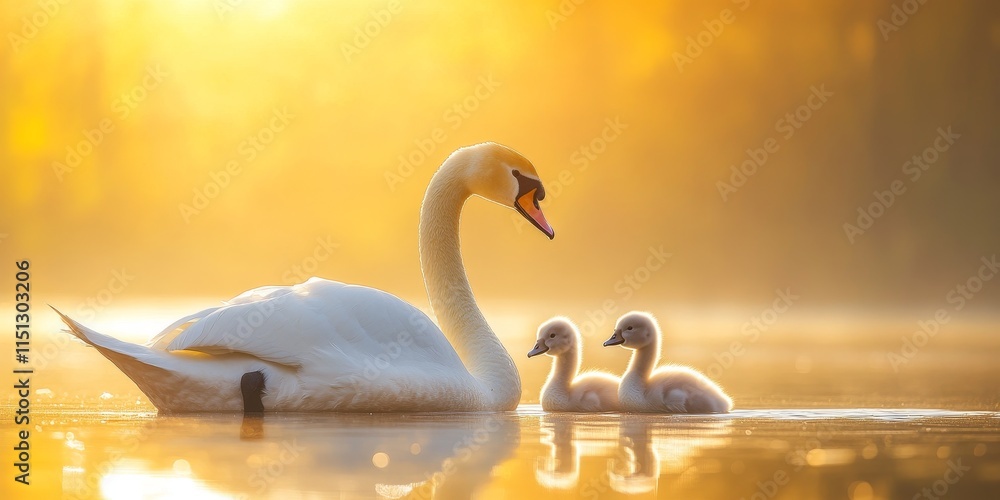 Mute swan interacting playfully with baby swans under the warm glow of ...