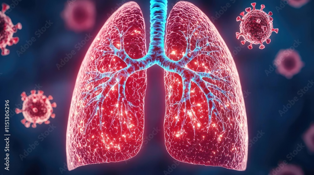 Tuberculosis disease idea. Illustration of human lungs affected by viruses, highlighting ...