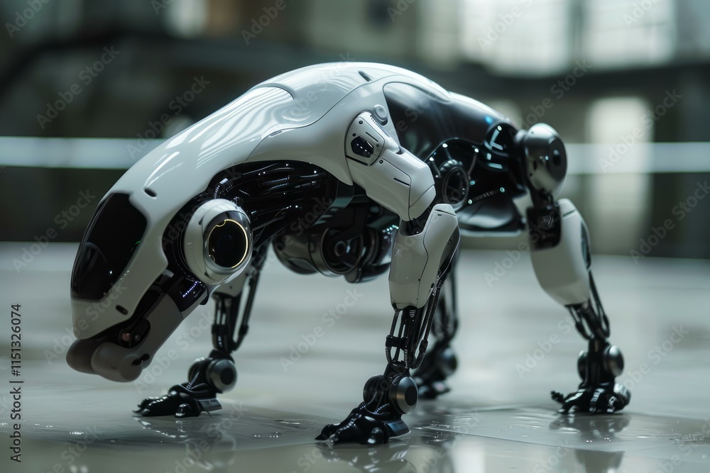 White and black futuristic robot dog standing on a shiny floor in an ...
