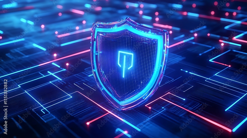 Neon Shield Icon with Abstract Digital Background Representing ...