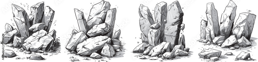 Black and white cartoon, stone monoliths on the ground, vector ...
