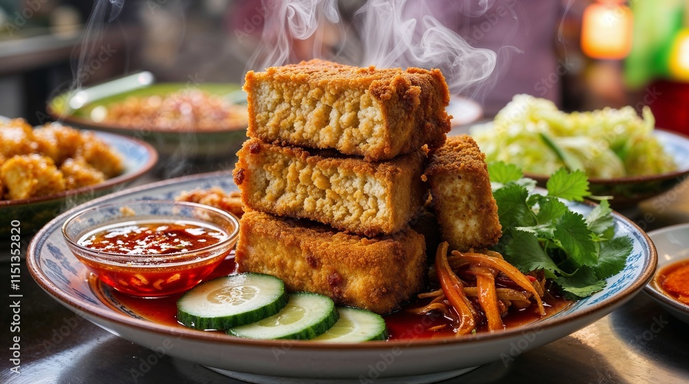 Crispy fried stinky tofu stacked on a plate with fresh cucumbers ...