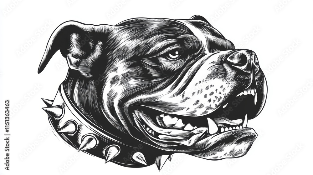 aggressive american bulldog head monochrome illustration, spiked collar ...