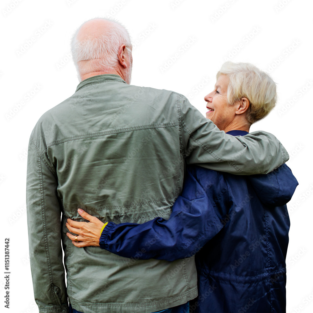 Retired couple png cut out, hugging rear view on transparent background ...
