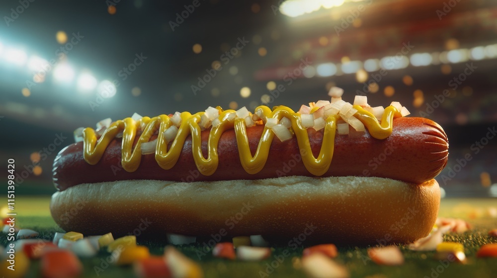 sports venue food shot, loaded baseball hot dog, fresh bun texture ...