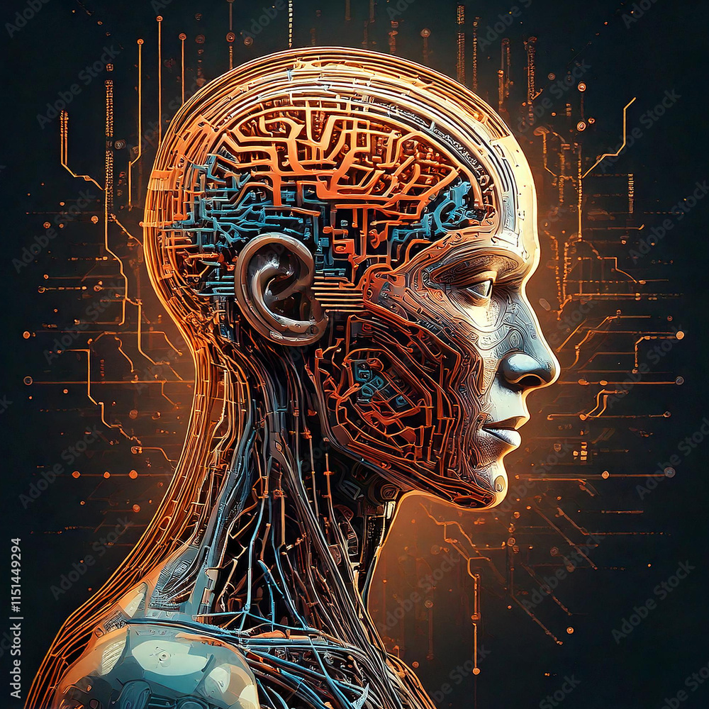 Side profile of sentient mechanoid with electrical brain exposed Stock ...