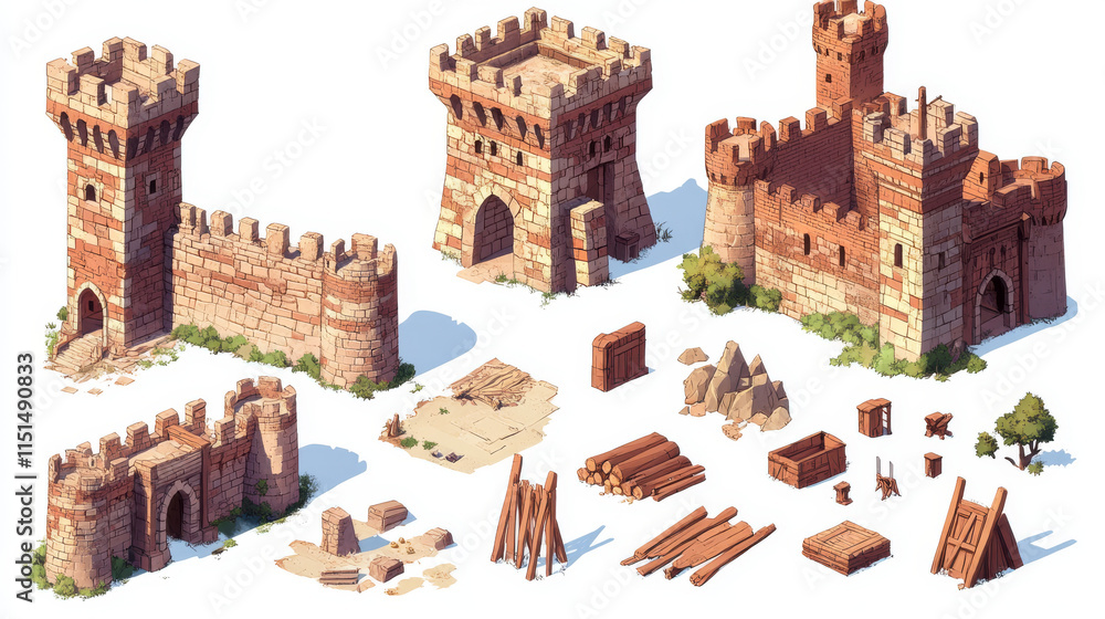 Castles isometric. Medieval buildings brick wall for low poly game ...