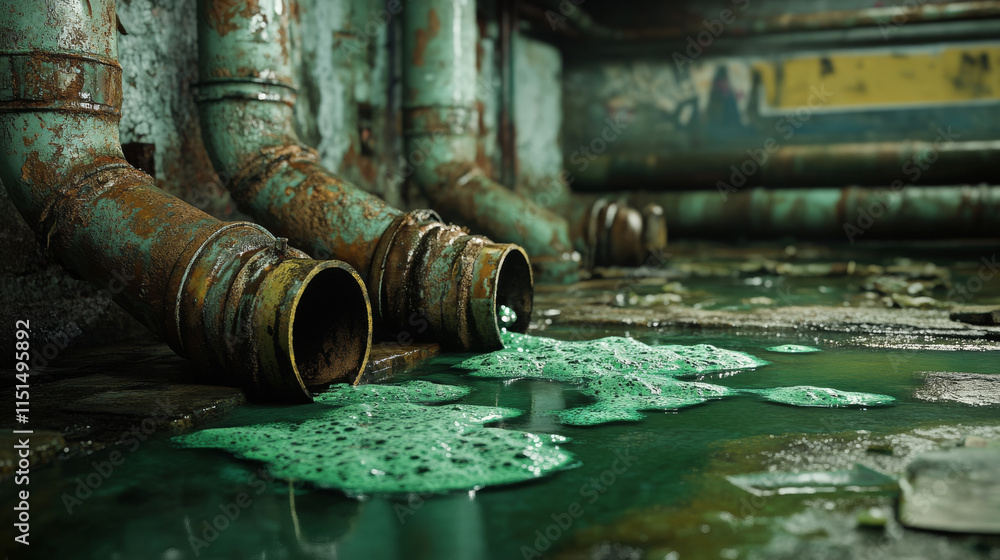 Old basement. Acid dripping from pipe. Game background with sewage ...
