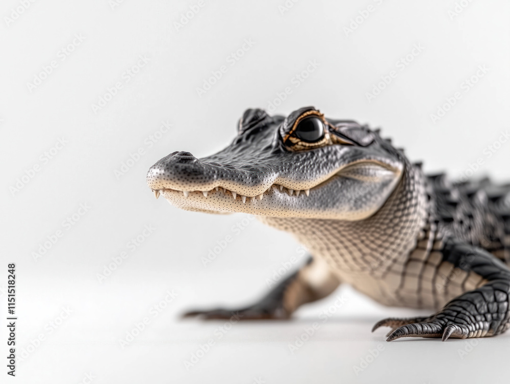 An alligator stands on all fours in front of a white background ...
