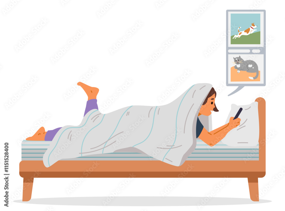 Teenage girl laying in bed scrolling social media flat vector ...