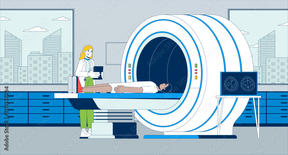 MRI scan patient flat illustration. Radiologist supervising man lying ...