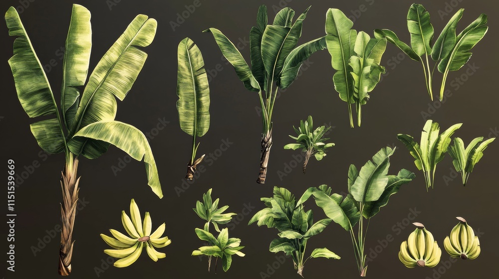 59.A digital design collection of banana trees and lush, green tropical ...