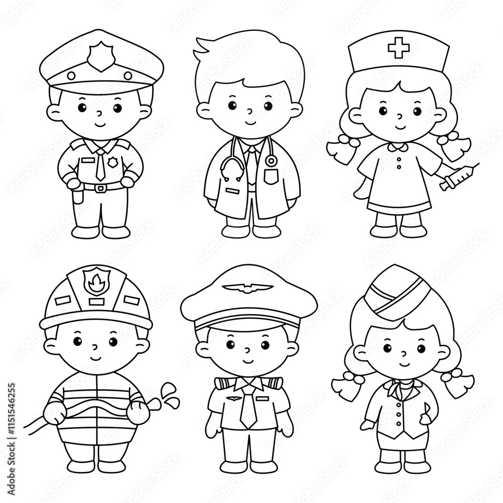 Vector of careers character outline set for coloring book (police ...