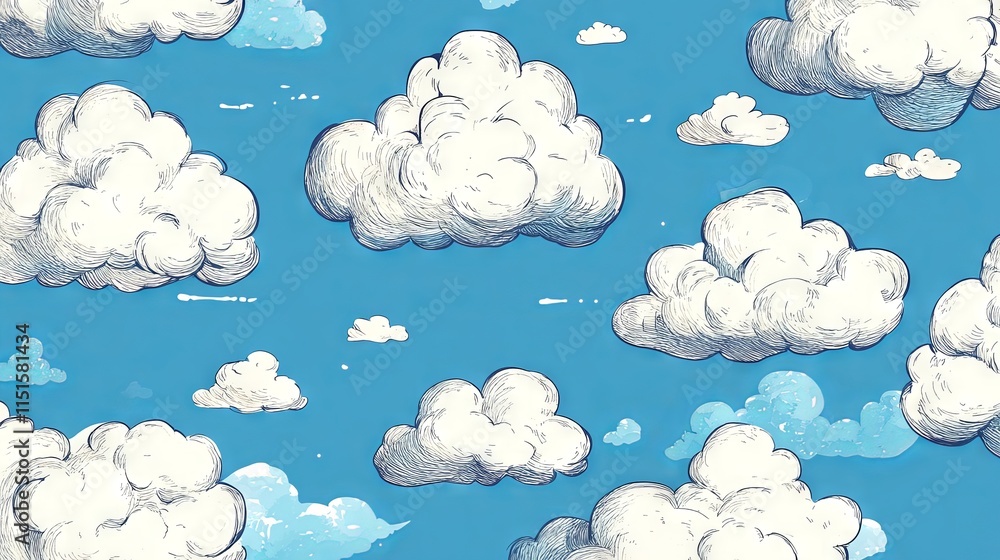 Hand-drawn cloud patterns on a blue sky background, featuring various ...