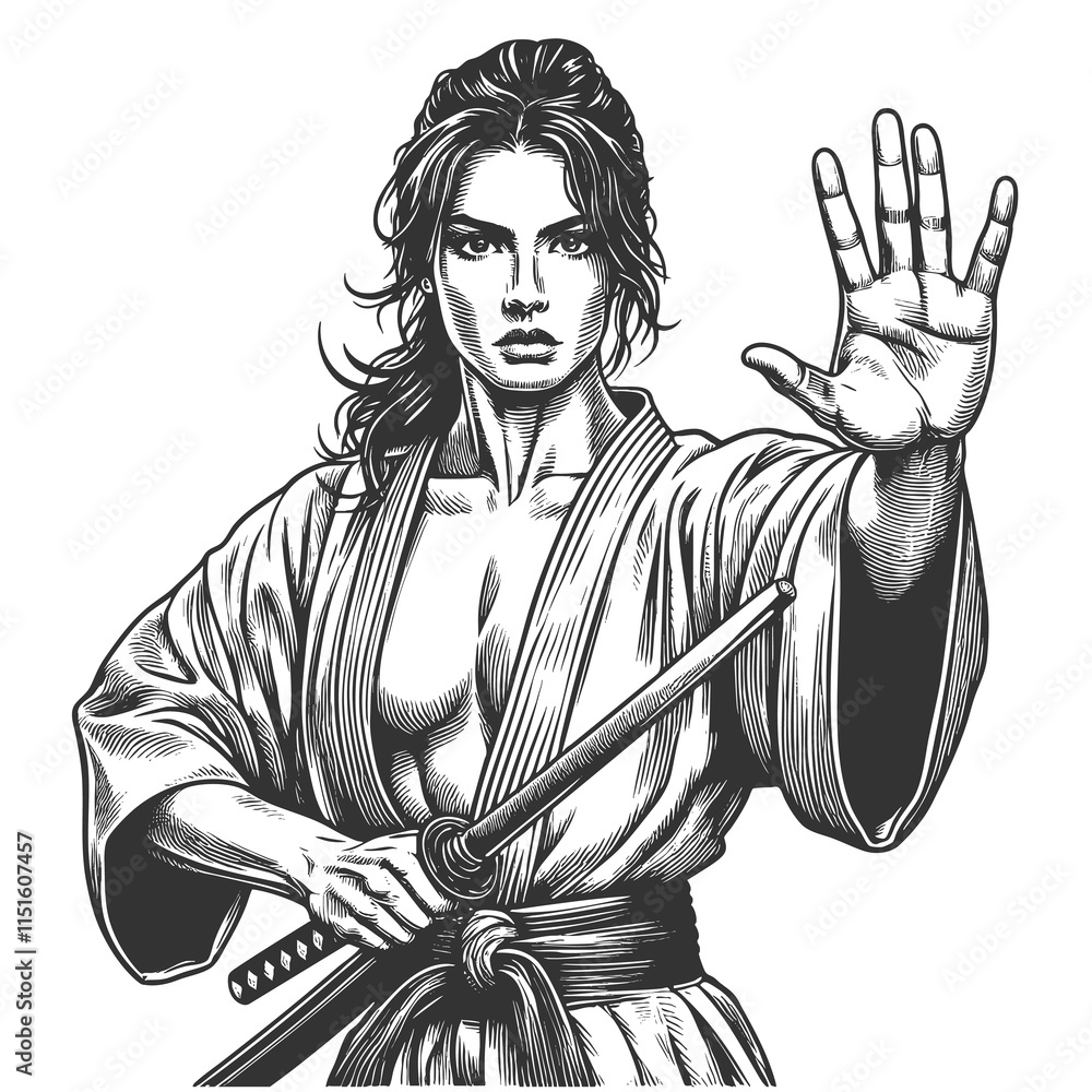 female martial artist in a dynamic pose, wearing a gi and wielding a ...