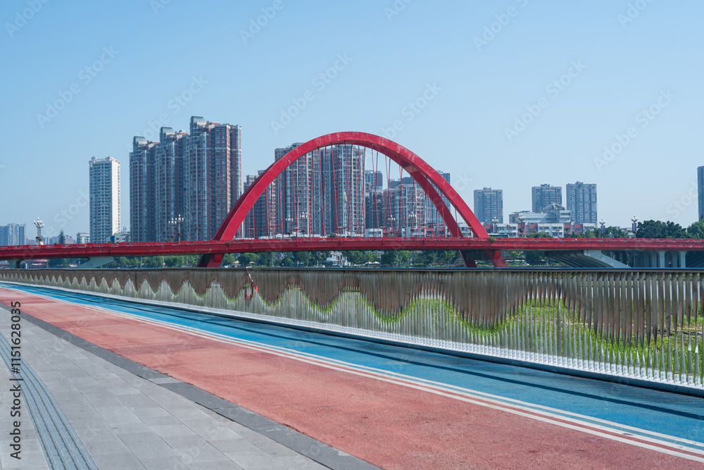 Landmark building of Rainbow Bridge in downtown Deyang City, Sichuan ...
