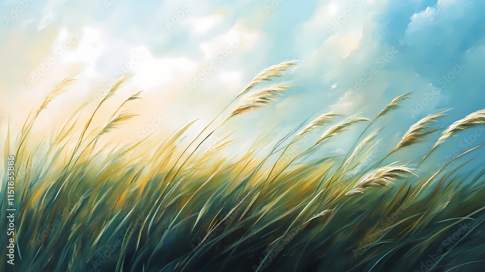 This painting depicts tall blades of grass bending in the wind ...