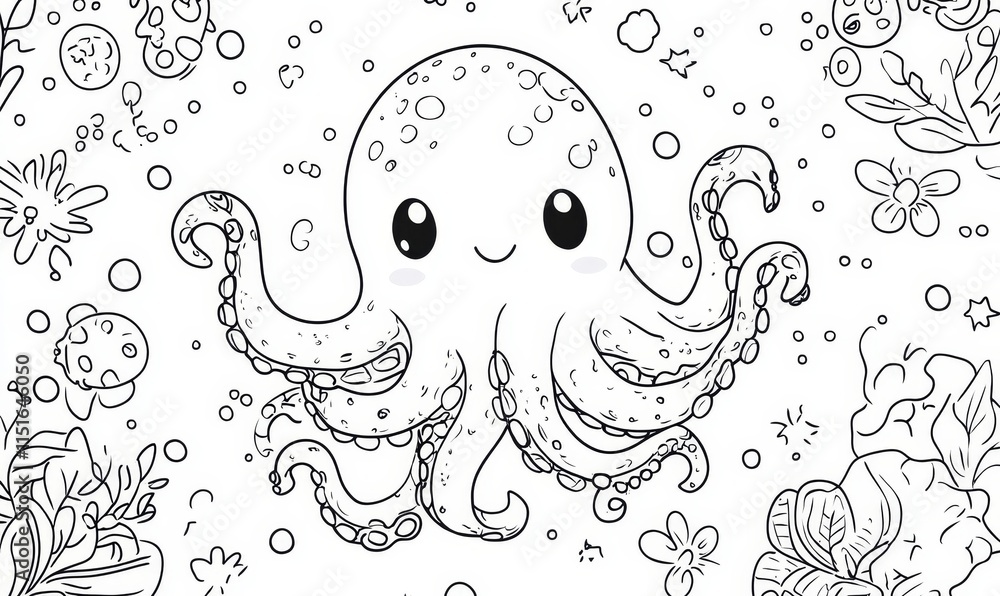 Adorable Cartoon Octopus Coloring Page: Underwater Ocean Life ...