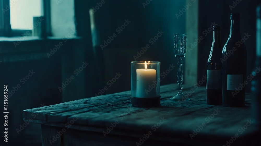 Dark room with faint emergency exit sign glow during power blackout ...