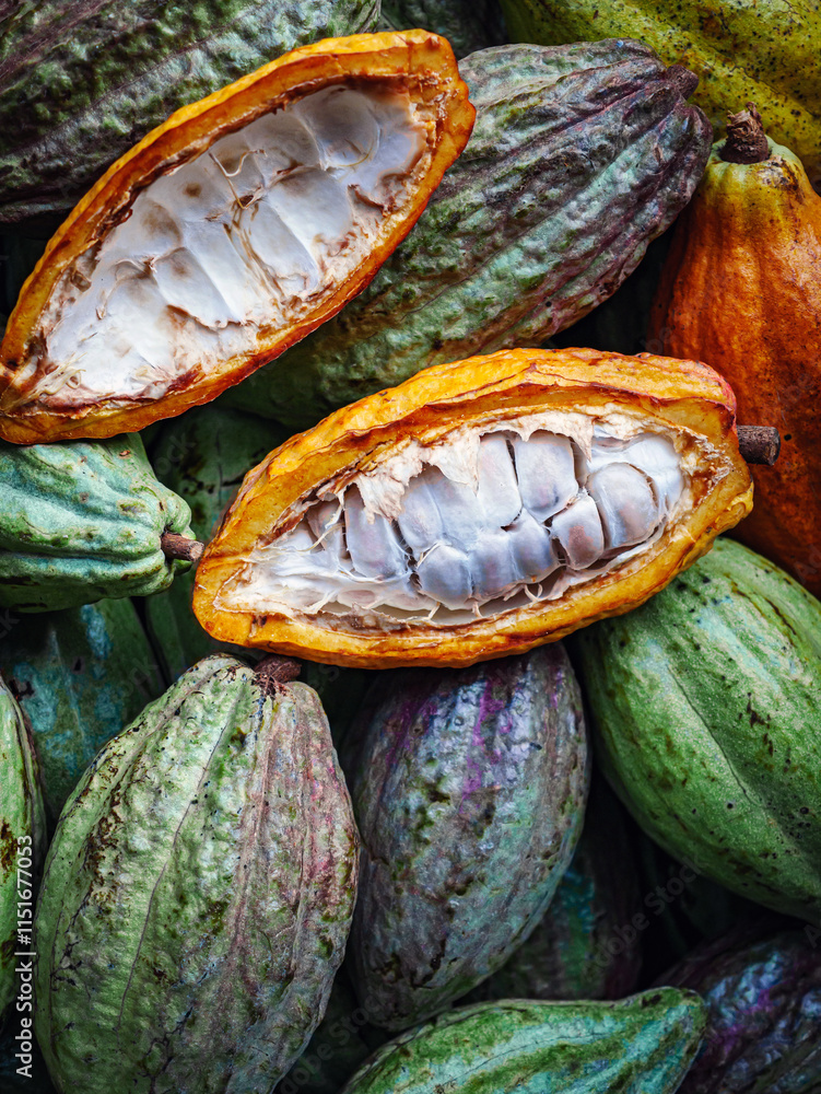 Cacao pod with Half sliced white cocoa seed ,Cut in half fresh ripe ...