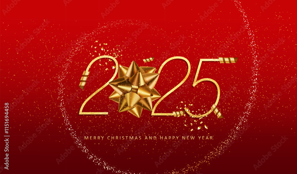 Happy New Year 2025 red holidays vector banner. New Year card with gold ...