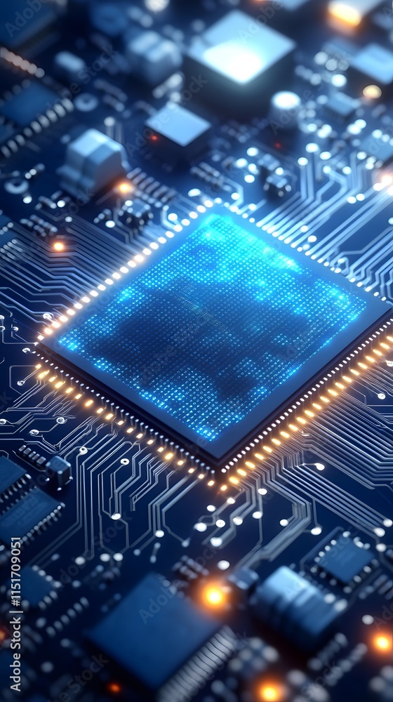 A blue digital background featuring an isometric view of a microchip ...