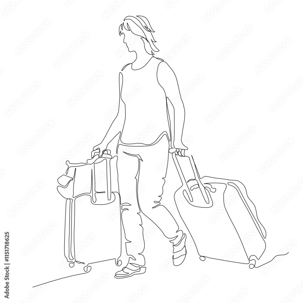 Woman tourist with 2 suitcases and bag walking. Continuous line drawing ...