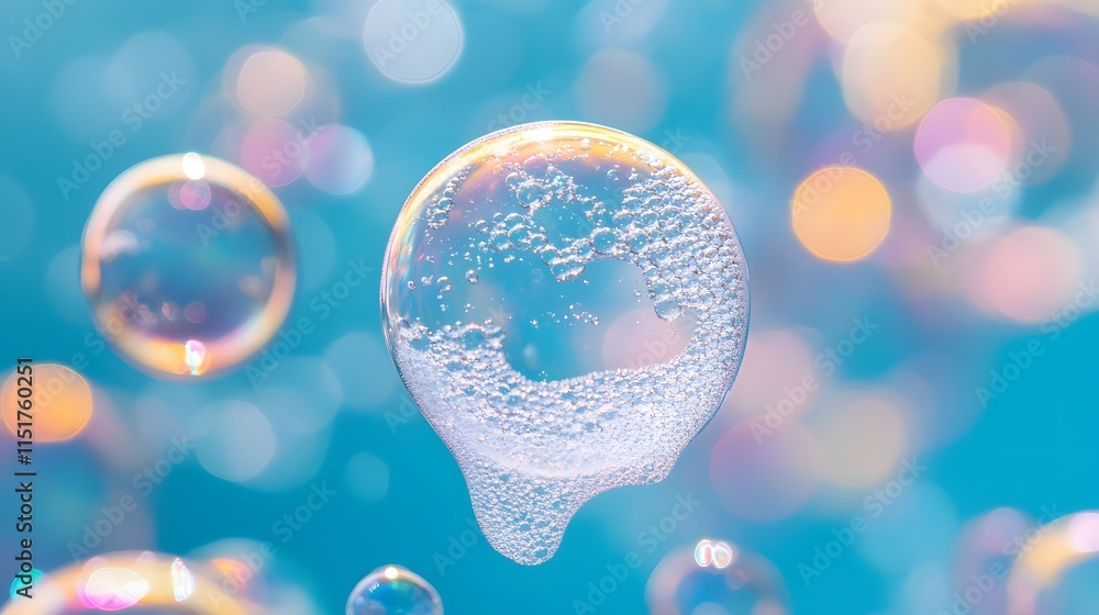 Soap bubbles and foam on ocean blue background. Macro photography of ...